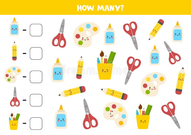 Counting Game with Cute School Supplies. Math Worksheet. Stock Vector ...