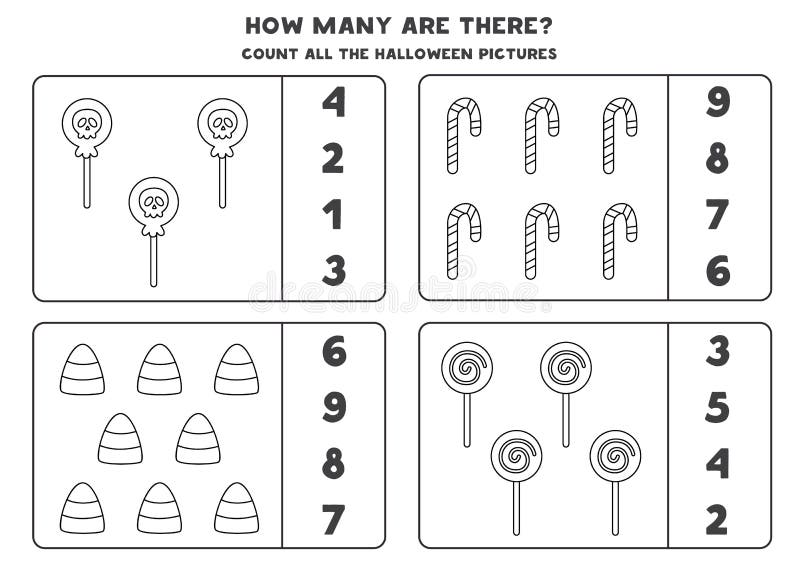 Counting Game with Halloween Sweets. Black and White Worksheet. Stock ...