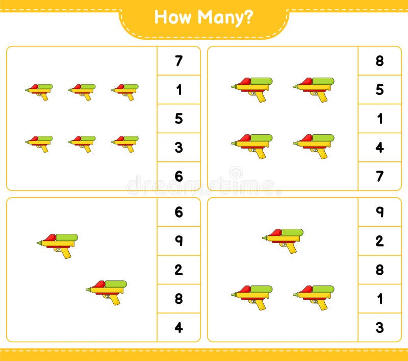 Counting Game, How Many Water Gun. Educational Children Game, Printable ...