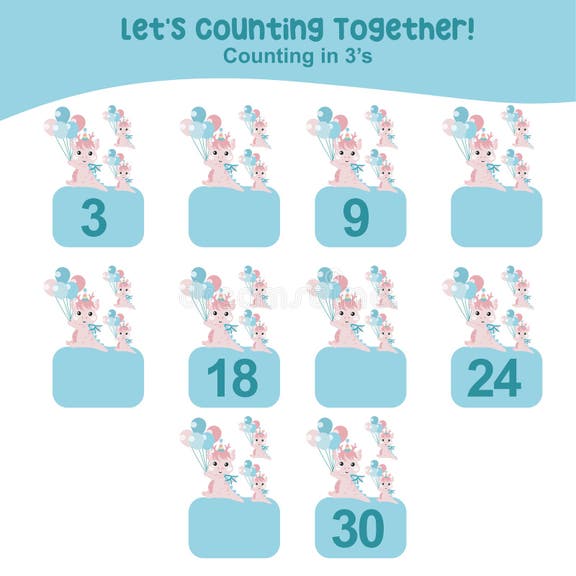 Counting by Three S the Cute and Kawaii Baby Dragon Practising Math in ...