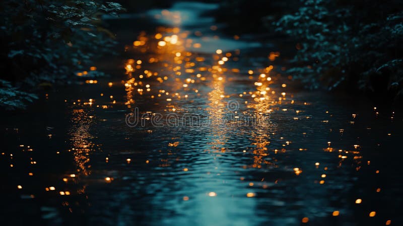 Countless Golden Lights Create Shimmering Reflection Pathway on Dark ...