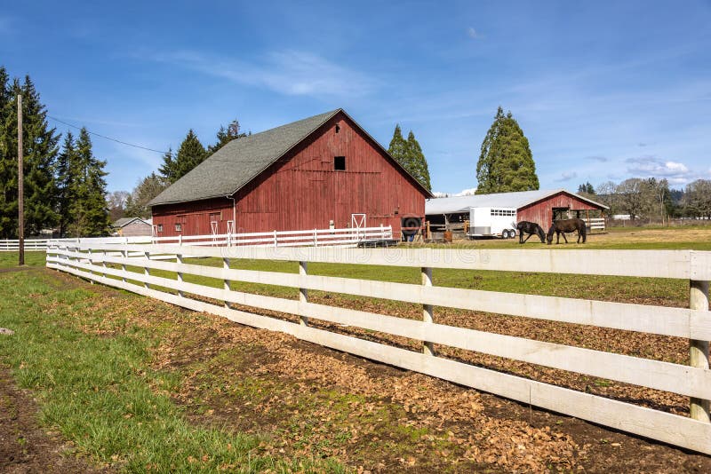 Country Barn and Horses Oregon State Stock Image - Image of trailer ...