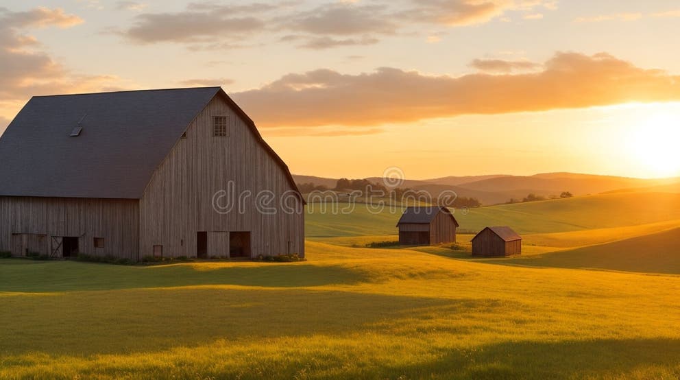 A Country Barn in Shadow As the Sun Sets Behind Rolling Hills Stock ...
