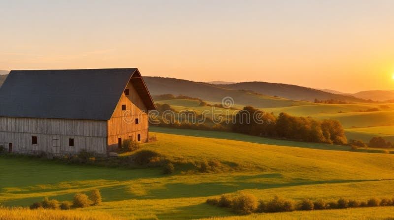 A Country Barn in Shadow As the Sun Sets Behind Rolling Hills Stock ...