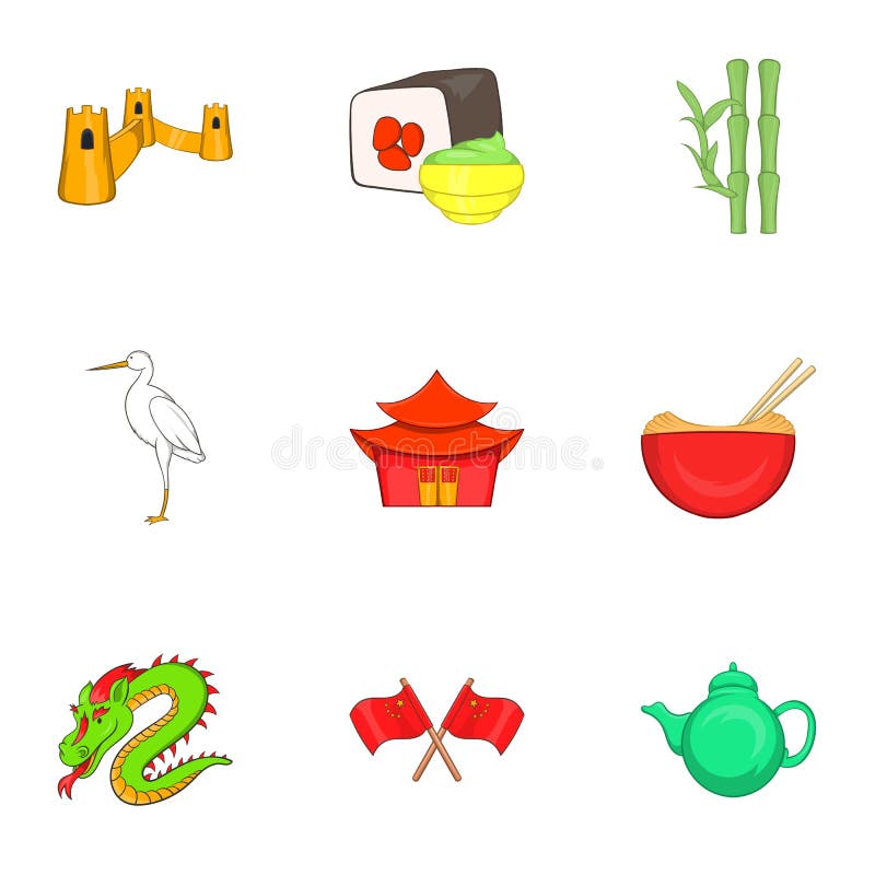 Country of China Icons Set, Cartoon Style Stock Vector - Illustration ...