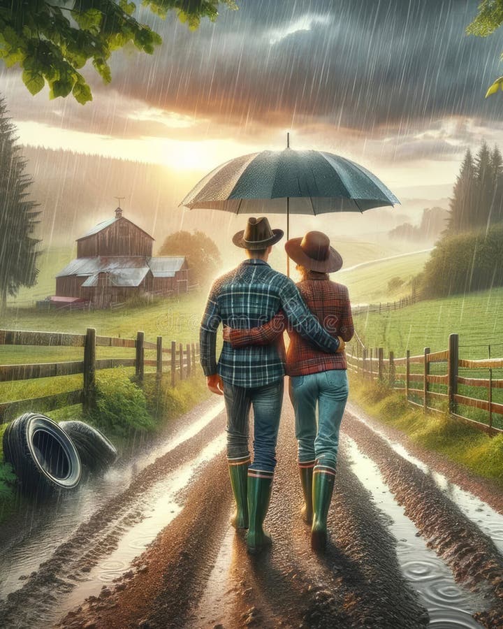 Country Couple Walking Strolling Raining River Pathway Spring Umbrella ...
