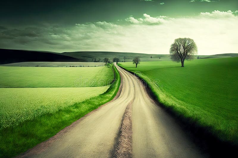 Country Empty Road Beyond Horizont with Green Grassy Roadside Stock ...