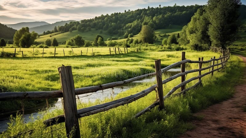 Country Fence Line Pastoral Setting Stock Illustration - Illustration ...