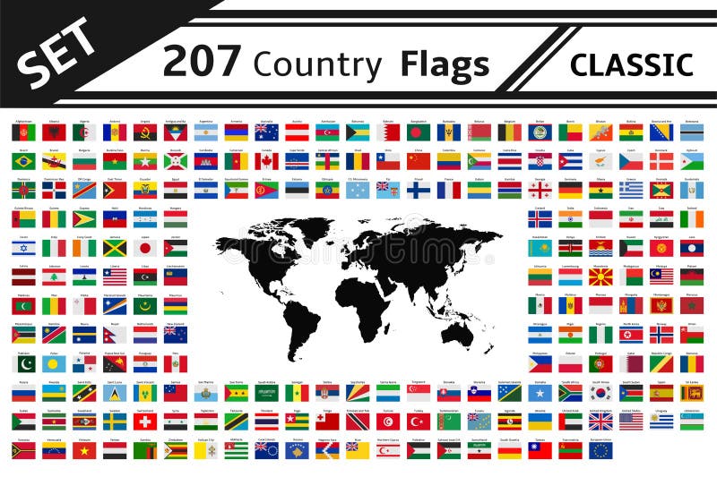 207 Country Flags and World Map Stock Vector - Illustration of flags ...