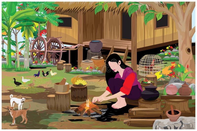 A Country Girl is Sitting and Making a Fire To Cook Under Big Tree in ...