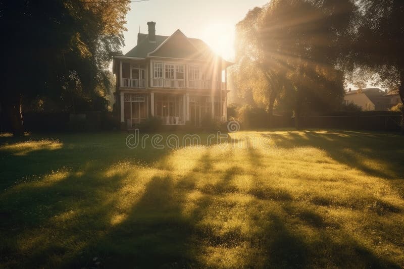 Country House with Lawn and Sunset. Generative AI Stock Illustration ...