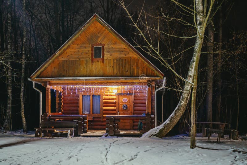 Country House at Night Covered with Snow in Winter on a Cold Day ...