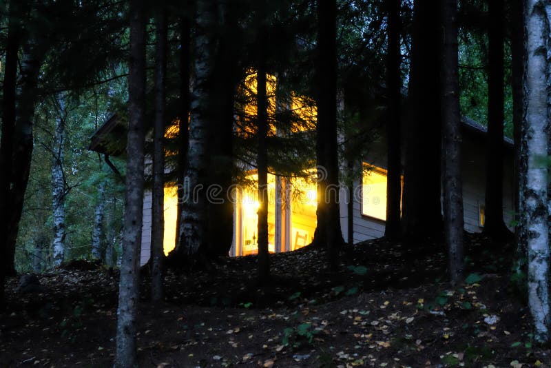Country House in Night Forest Stock Image - Image of garden, lighting ...