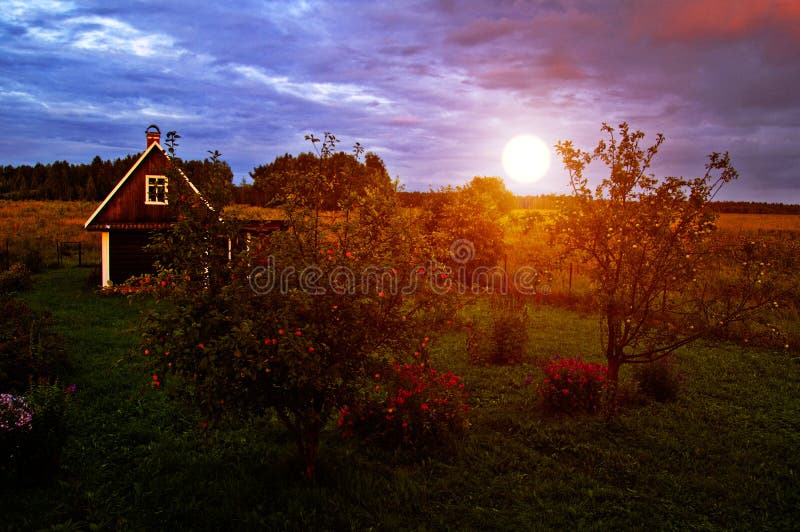 Country House at Sunset stock photo. Image of rain, flowers - 10568086