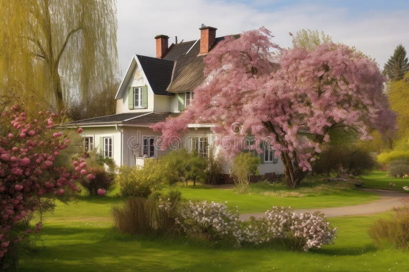 Country House, Surrounded by Flowering Trees and Shrubs Stock ...