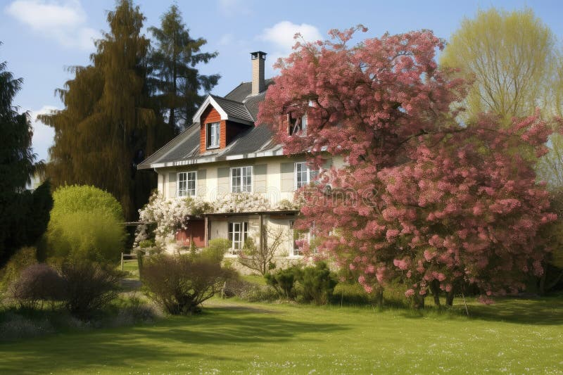 Country House, Surrounded by Flowering Trees and Shrubs Stock ...