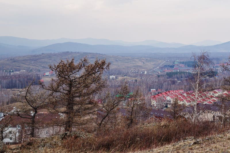 Country Landscape. Top View of the Bungalows and the Mountains Stock ...