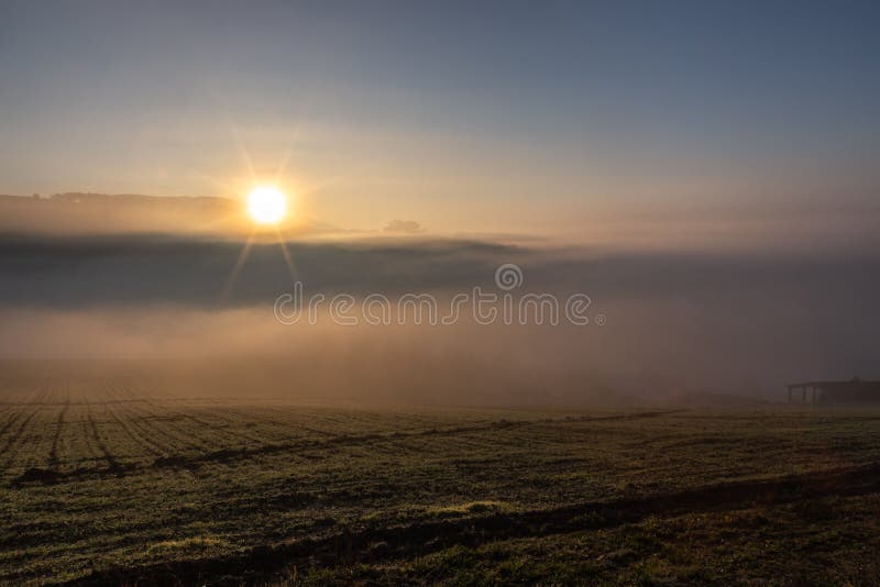 Country in the Middle of Fog at Dawn Stock Photo - Image of fall ...