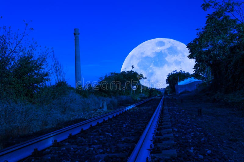Country Railway To the Moon Stock Photo - Image of night ...