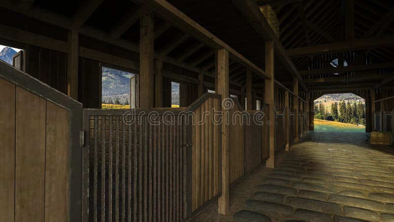 Country Ranch Stable Interior with Stone Floor. 3D Render Stock ...