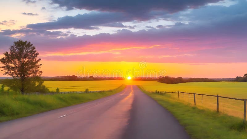 Country Road with a Beautiful Sunset View Landscape Ai Generated Stock ...