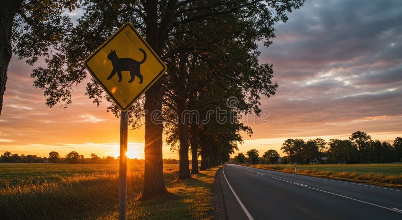 Country Road with Cat Crossing Sign at Sunset Stock Image - Image of ...