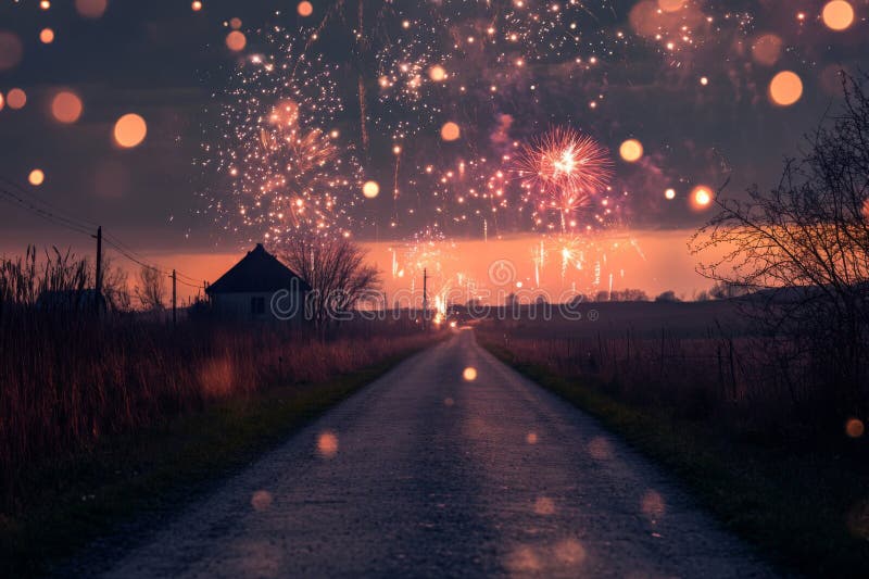 Country Road with Fireworks Display in the Night Sky Stock Illustration ...