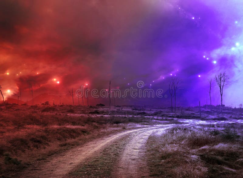 Country Road with Fireworks Night View Stock Photo - Image of rural ...