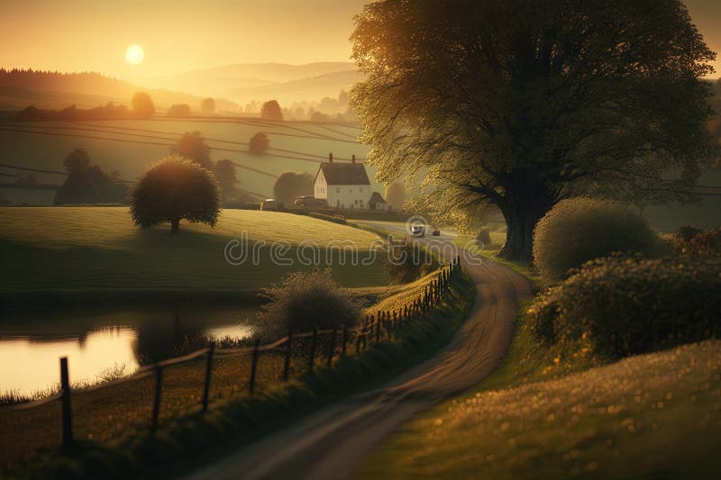 A Country Road with a House on the Side of it Stock Image - Image of ...