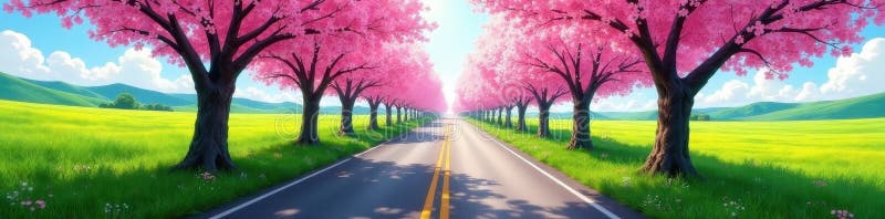 Country Road Lined with Blossoming Cherry Trees, Cherry Blossoms ...