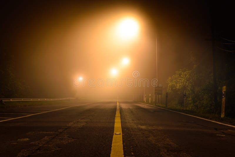 Country Road with Night Light among the Mist Stock Image - Image of ...