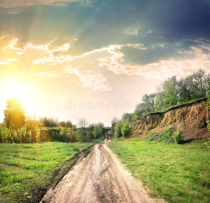Good Sunset and Road in Green Field Stock Image - Image of outdoor ...