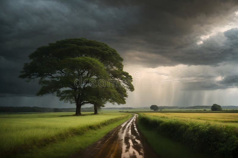 A Country Road with Rain Clouds Background Stock Photo - Image of ...