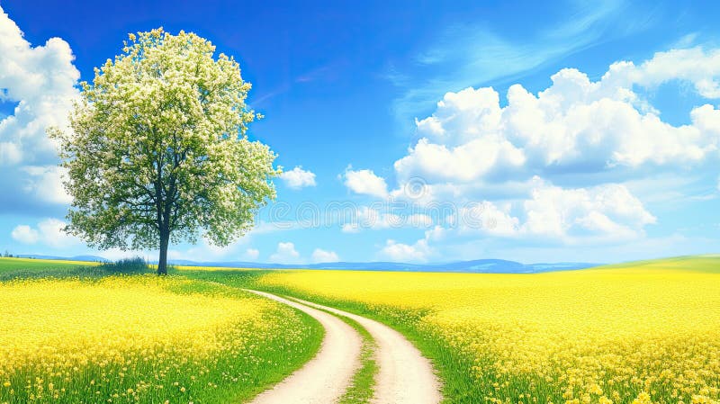 Country Road Spring Landscape Stock Illustration - Illustration of ...