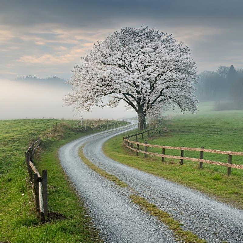Country Road Spring Tree Fog Stock Illustration - Illustration of grass ...