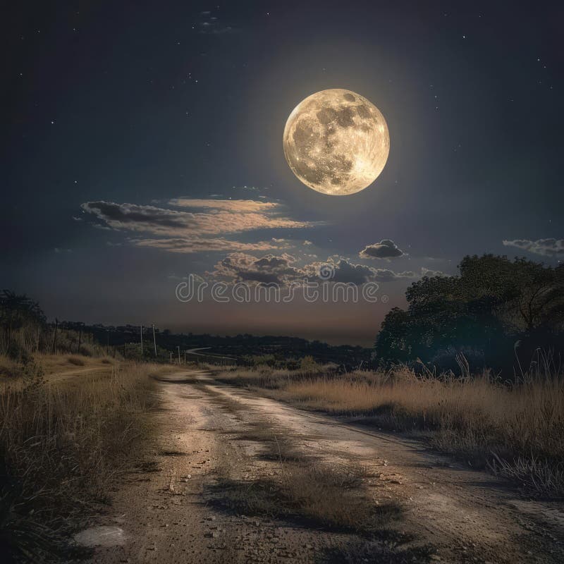 Country Road Winding through Fields Under Full Moon at Night Stock ...