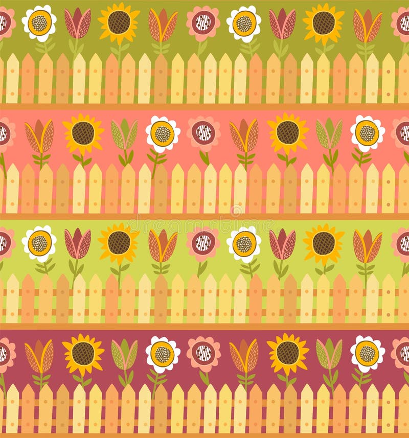Country Seamless Pattern with Fence and Flowers Stock Vector ...