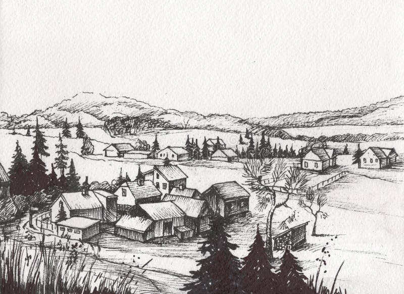 Countryside Landscape, Hand Drawn Illustration Sketch. Stock Vector ...