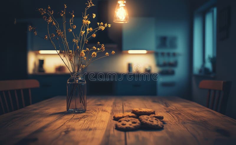 A Country-style Kitchen Table Adorned with Flowers and Snacks, Lit by a ...