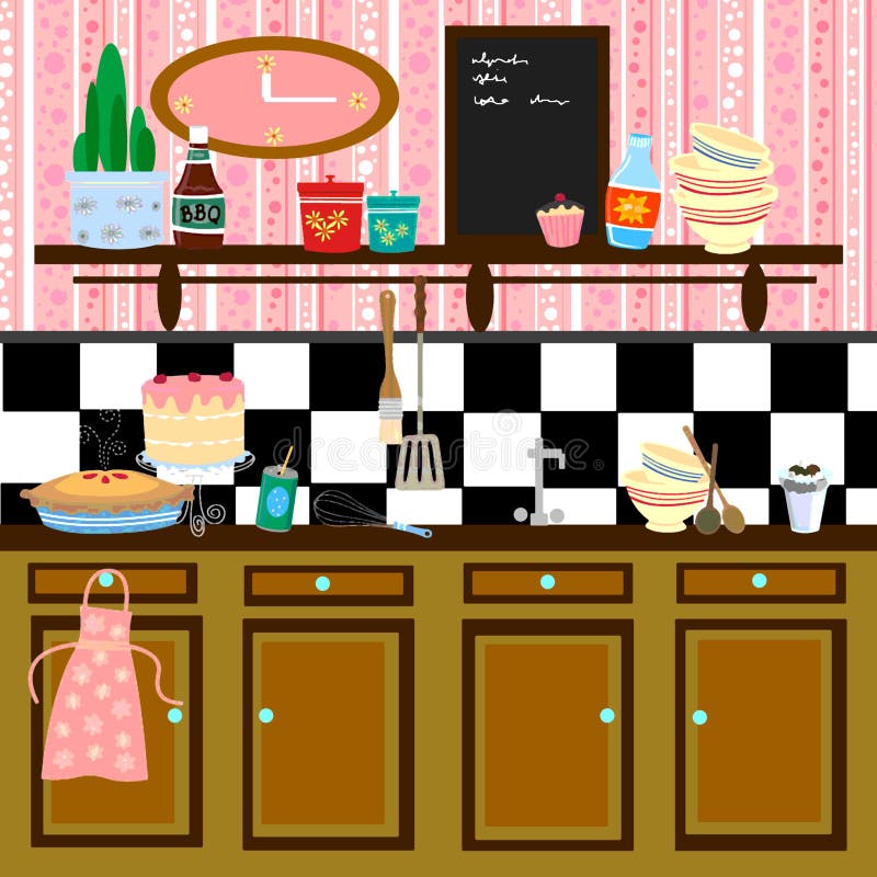 Country Style Retro Kitchen Stock Illustration - Illustration of living ...