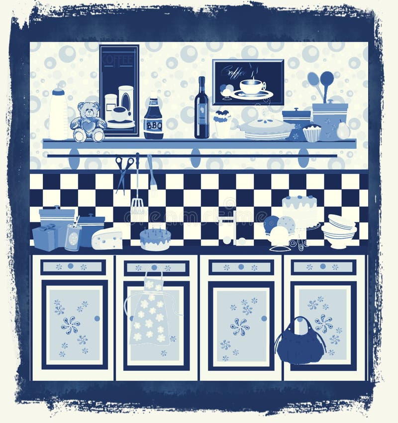 Country Style Retro Kitchen (early Color Technique Stock Illustration ...