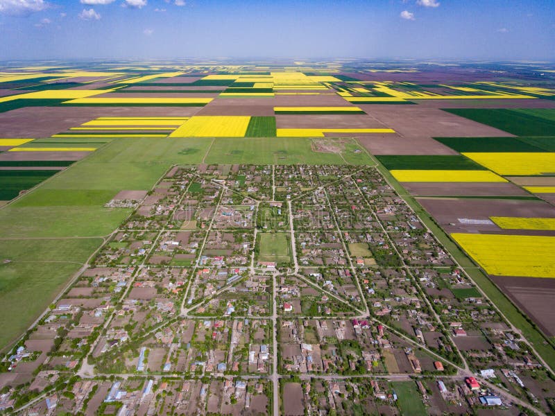 Country Village Surrounded by Crop Fields in the Spring Stock Photo ...