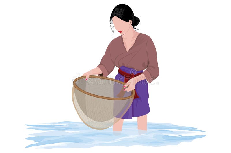 A Country Woman is Casting a Net in a Pond.vector Design Stock Vector ...