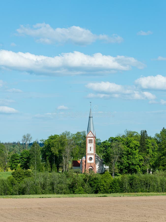 Countryside Church Building in Summer Stock Image - Image of pond ...