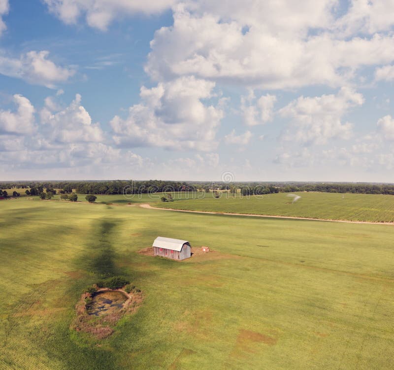 Countryside with Fields ,old Barn and Small Pond. Aerial View Stock ...