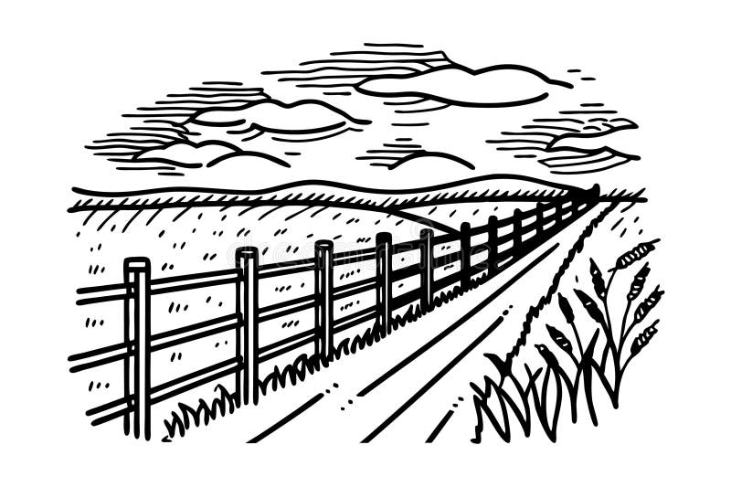 Countryside Landscape Drawing with Fence and Pathway Under Cloudy Sky ...