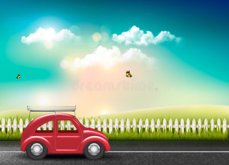 Countryside Landscape with a Road and a Red Car. Stock Vector ...