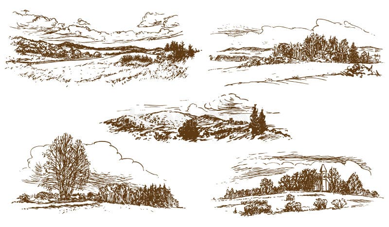 Countryside Landscape, Set of Hand-drawn Illustrations, Drawing on ...