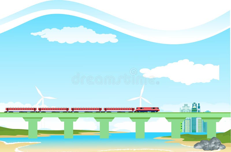Countryside Landscape, Train on Bridge, River Vector Stock Vector ...