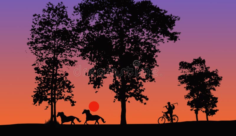 Countryside Life in the Evening Stock Illustration - Illustration of ...